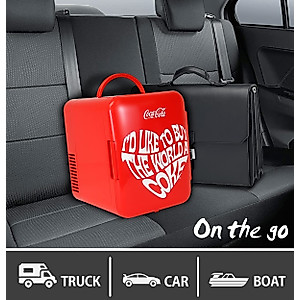 Coca Cola World 1971 Series Portable 6 Can Thermoelectric Mini Fridge Cooler/Warmer, 4 L/4.2 Quarts Capacity, 12V DC/240V AC for Home, Dorm, car, Boat, Beverages, Snacks, Skincare, Cosmetics