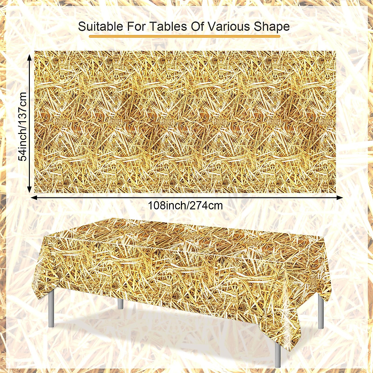 PHOGARY Straw Tablecloth for Cowboy Party Decorations, 3 Pack Fake Hay Table Cover for Farm Birthday Decorations Plastic Country Party Tablecloths, Farm Table Cloth for Tractor/Westtern Baby Shower