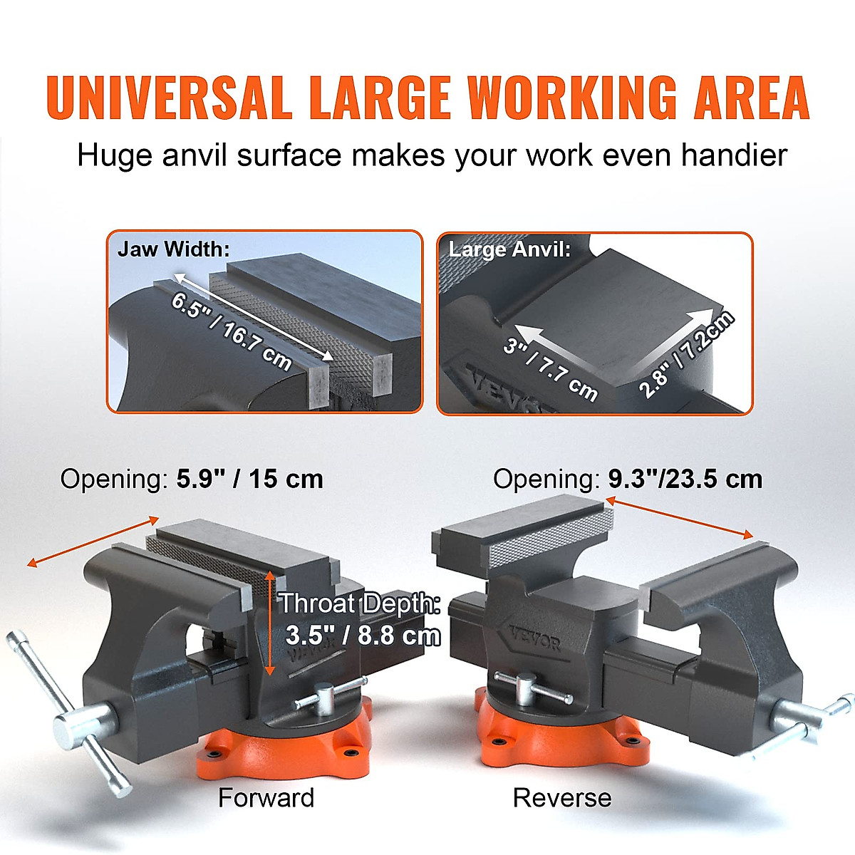 VEVOR Bench Vise, 6.5" Jaw Width 6.5" Forward &9.3" Reverse Opening, 360-Degree Swivel Locking Base Multipurpose Workbench w/Anvil, Heavy Duty Ductile Iron w/Bolts & Nuts, for Drilling, Pipe Cutting