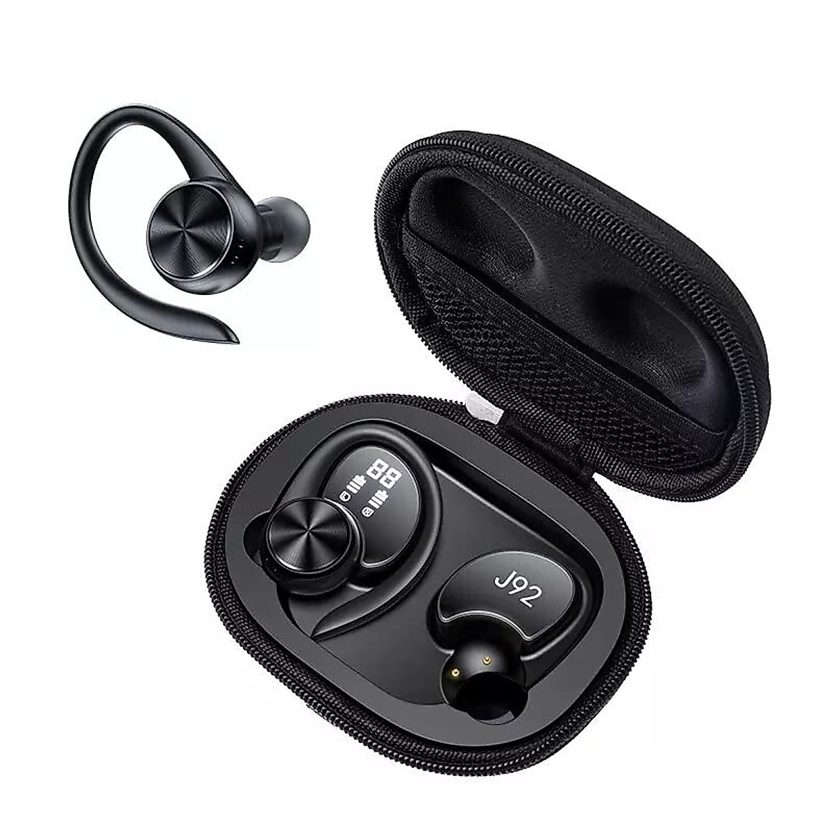 Wireless Earbuds Sport Bluetooth Over Ear Hook Headphones, in-Ear Earphones with Microphone, LED Display, Deep Bass, Waterproof for Running Workout, Buds Android iPhone Laptop Computer, Black (92)