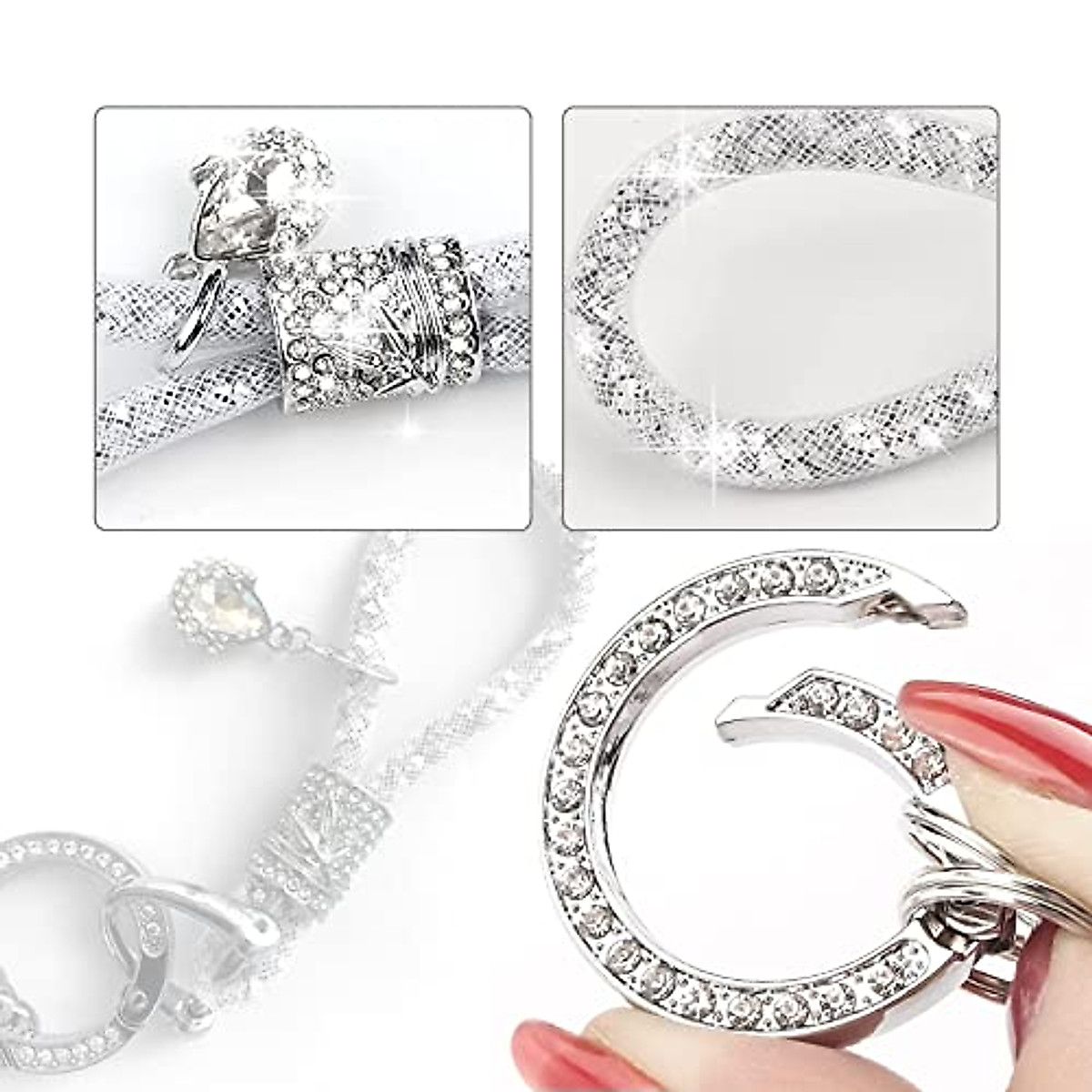 cueclue 1 PC Car Bling Rhinestone Key Chain, Crystal Car Key Chain for Women, Fashionable Keychain Ring Accessories (Silver)