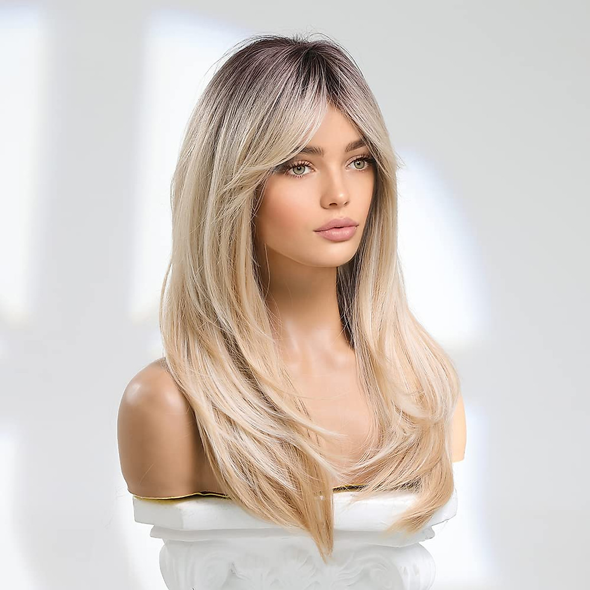 Long Blonde Wig with Bangs Layered Synthetic Hair Wig with Dark Roots for Women (22 Inch)