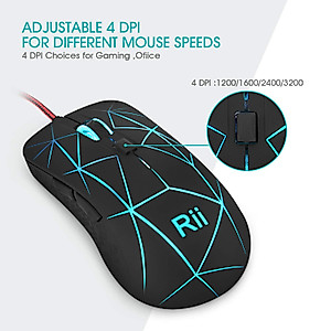 Rii RGB Wired Gaming Mouse, USB Optical Computer Mice with 6 Buttons,3200 DPI Adjustable,7 Color Backlit for Laptop PC Gamer Computer Desktop