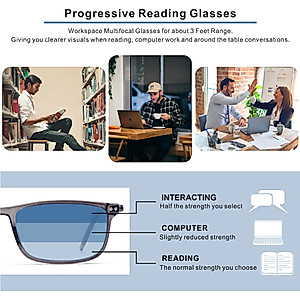 Superior Extremely Light Progressive Multifocus Reading Glasses Men, Skyoak Aluminum Arm TR90 Frame Blue Light Blocking Multifocal Computer Readers Spring Hinge No Line (for Mid-Near Range approx 3ft)