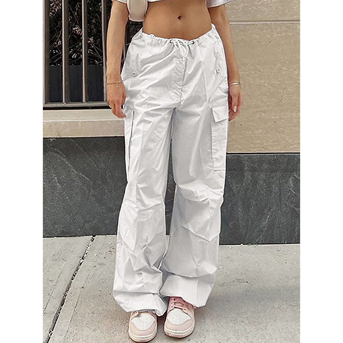 Xineicy Parachute Pants for Women Drawstring Baggy Cargo Pants Y2K Trouser Low Rised Jogger Sweatpants Loose Hip Hop A White