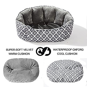 LUCKITTY 25 Inch Large Cat Bed,Soft Velvet & Waterproof Oxford Two-Sided Cushion, Easy Washable,Oval Geometric Pet Beds for Indoor Big Cats or Small Dogs, Grey Footprints Pattern