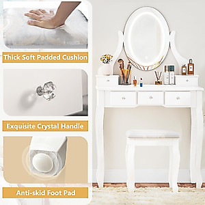 Lumelay Vanity Desk with Mirror and Lights, Makeup Vanity Table and Cushioned Stool Set with 5 Drawers, 3 Color Lighting Modes Brightness Adjustable, Bedroom Dressing Table for Women Girls, White