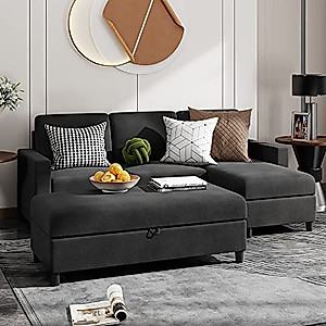 JAMFLY 79'' Sectional Sofa Couch with Storage Ottoman, Living Room Furniture Set Small Deep Convertible Sofa, L-Shaped Couch Wide Reversible Chaise with Linen Fabric (Charcoal Grey)