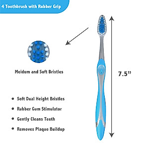 BioSwiss Pack of 4 Toothbrushes | Each Toothbrush Has A Rubber Grip for Handheld Comfort | Tongue and Cheek Cleanser | The Bristles are Soft and Reach Deep Between Teeth and Gum line | Value Pack