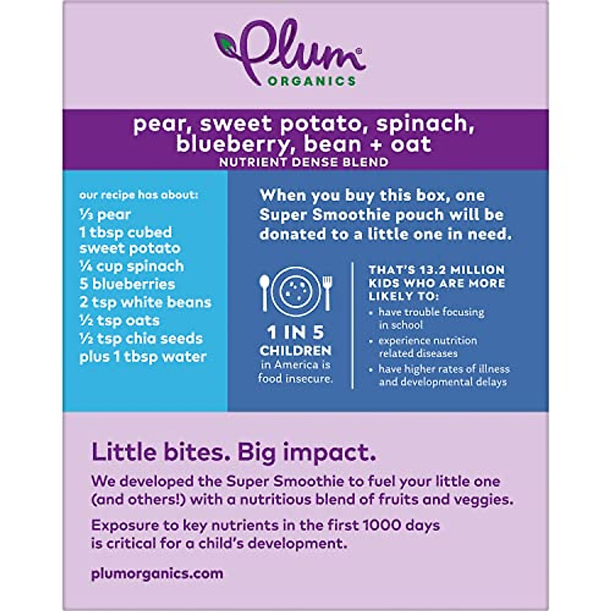 Plum Organics | Super Smoothie | Organic Baby Food Meals | Pear, Sweet Potato, Spinach, Blueberry, Beans & Oats | 4 Ounce Pouch (24 Total Pouches) Packaging May Vary