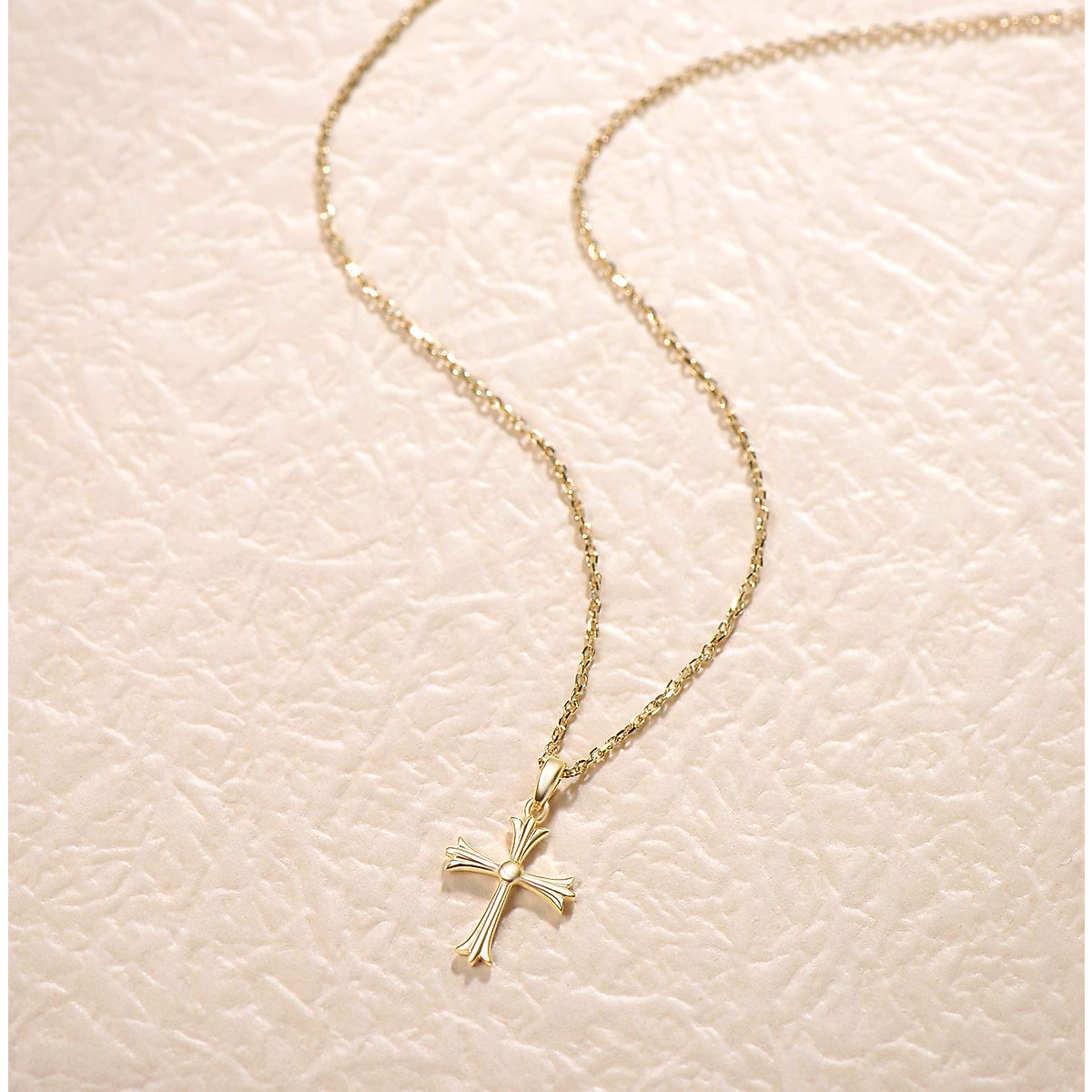 FANCIME SOLID REAL 14K Yellow Gold SMALL TINY Little Cute Embossed Cross Crucifix Delicate Necklace Dainty Pendant Fine Jewelry For Women, With 16+2" Solid Gold Cable Chain