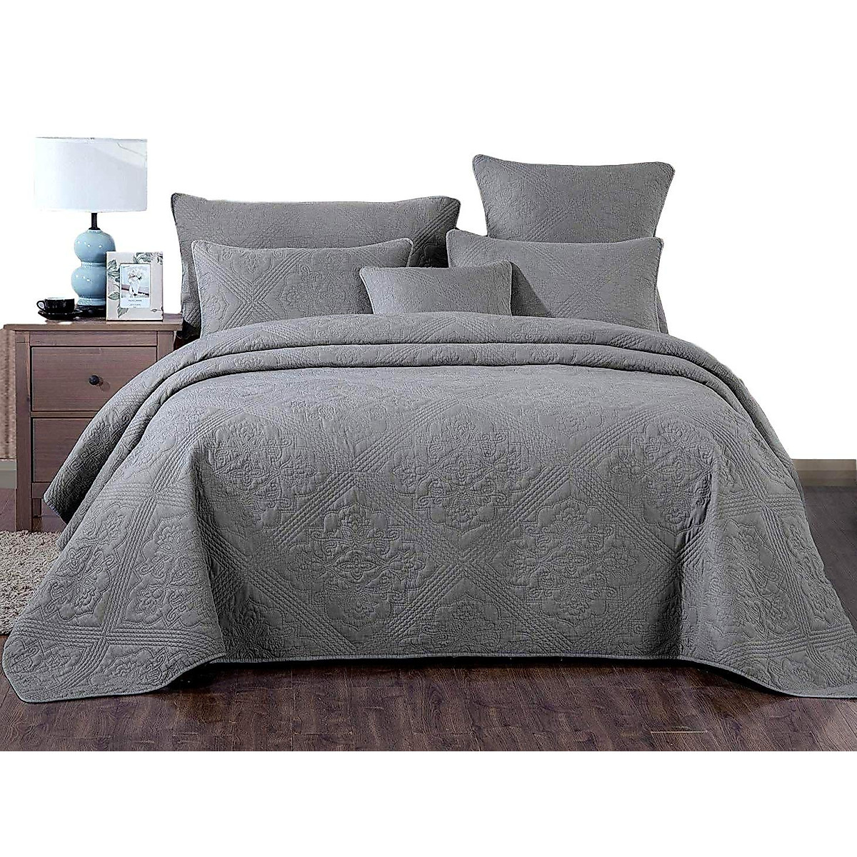 DaDa Bedding Stone Washed Grey Elegant Floral Bedspread - Matelassé Ash Silver Diamond Pattern Quilted Vintage Quilt Coverlet Set - Twin - 2-Pieces