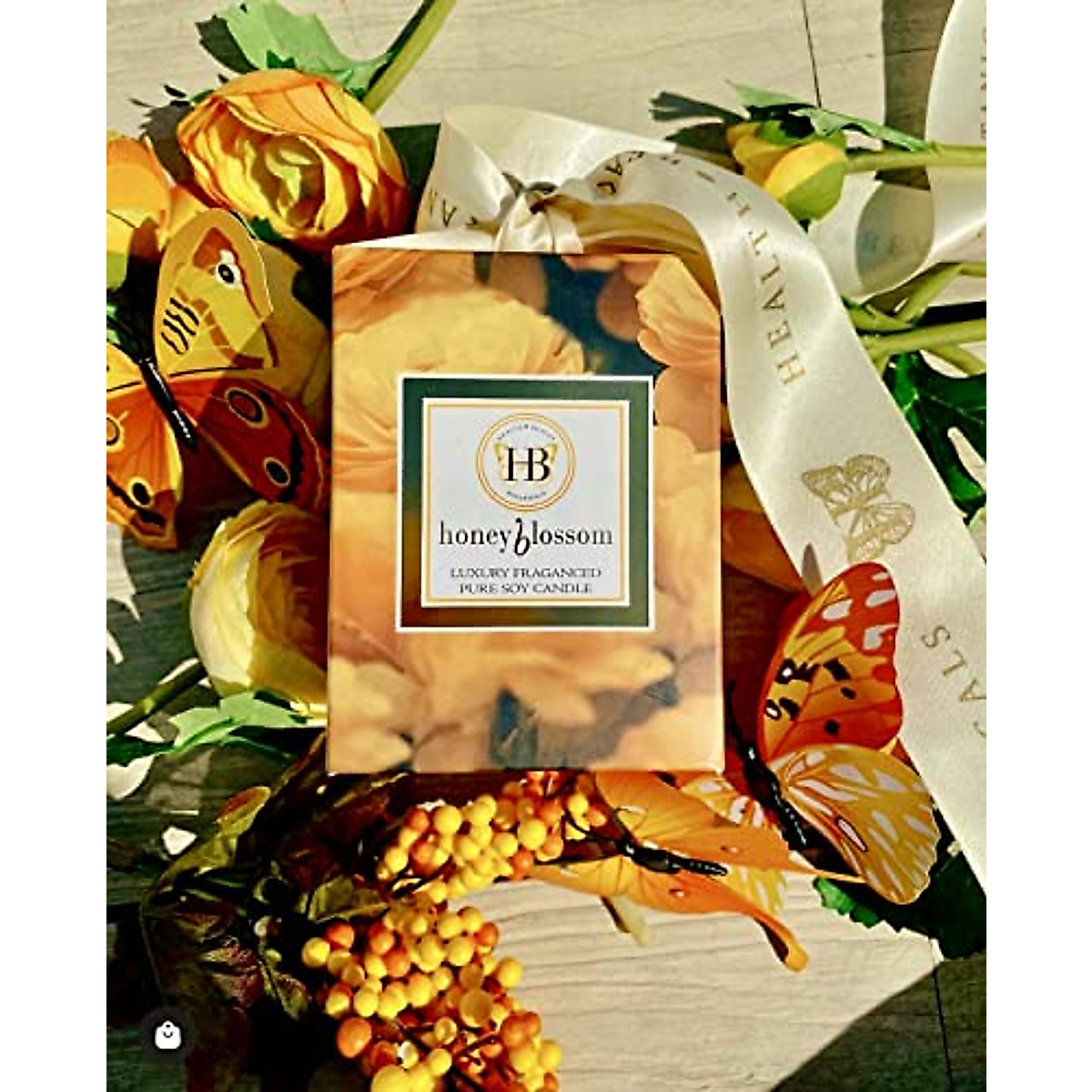 HB HEALTH BEAUTY BOTANICALS Blossom Candle. Honey Citrus Vanilla High Fragrance Soy Candle in Honey Wax 7.5 Oz Gold Glass