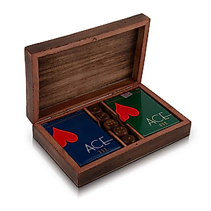 Birthday Gift Ideas Handcrafted Classic Wooden Playing Card Holder Deck Box Storage Case Organizer With Dice & Two Packs of Premium Quality 'Ace' Playing Cards For Men Women