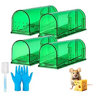 WHEELIO Mouse Traps, 4 Pack Humane Mouse Traps for Indoors and Outdoors, Reusable Live Catch and Release Mouse Traps with Cleaning Brush and Gloves, Quick, Effective and Easy to Clean, Green