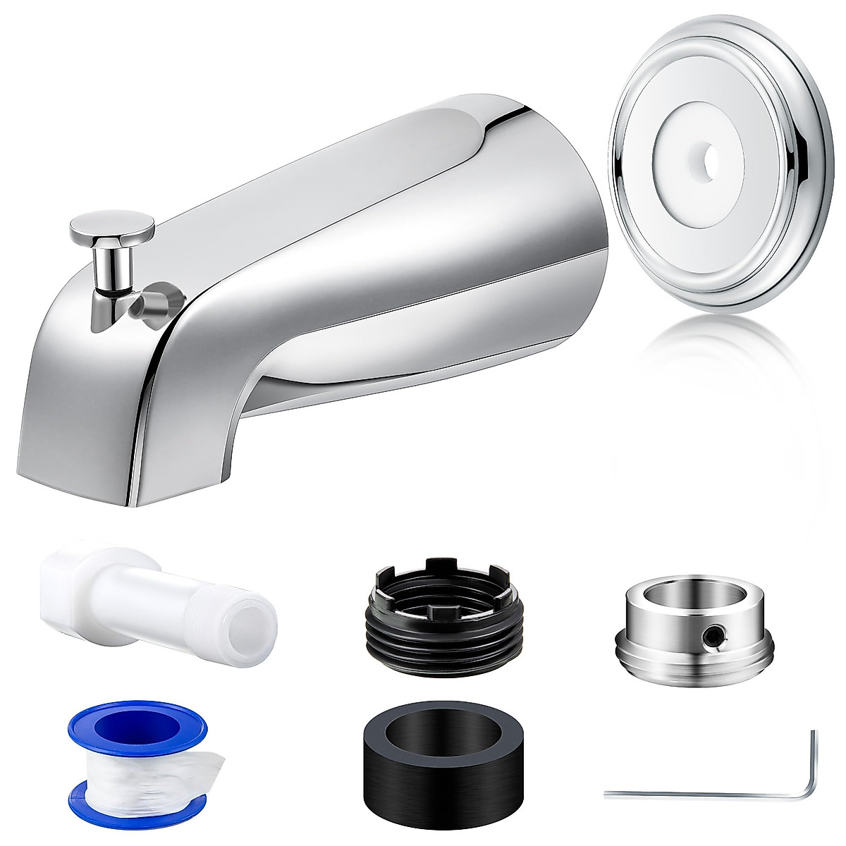 Dreyoo Diverter Tub Spout with Tub Spout Cover Ring, Universal Fits 1/2" Copper Pipe, 1/2" IPS and 3/4" IPS, Bathroom Bathtub Faucet Replacement with Foam Gasket, Adapters and Hex Wrench (Chrome)