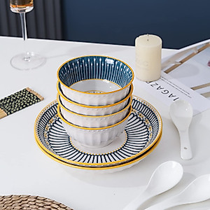 Binvertaocier 14-Piece Porcelain Asian Bowls Set with Spoons Rice Bowls with Chopsticks 10 Oz Bowls,Small Soup Bowls,Asian Plates and Bowls Set, (Modern blue)