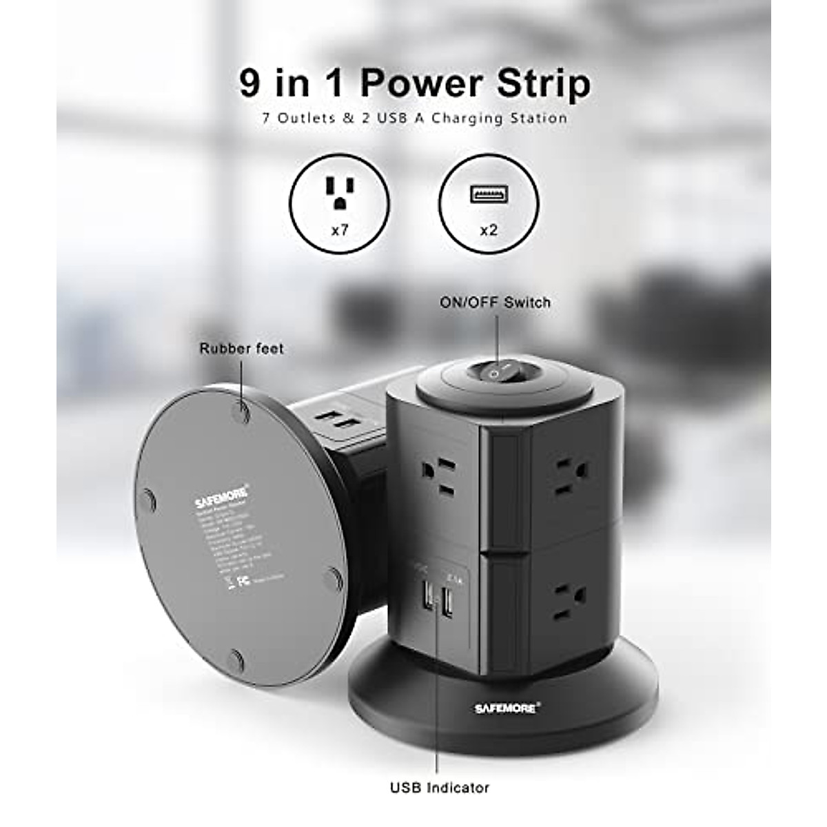 4 Side Power Strip Tower SAFEMORE with 7 Widely Outlets / 2 USB Ports, Flat Plug 6ft Charging Station for Home & Office (Black)