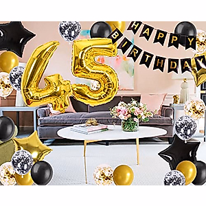 45th Birthday Decorations Black Gold for Men Women, 45th Birthday Banners Number 45 Birthday Balloons Star Foil Confetti Balloons for Cheers to 45 Years Old Birthday Party Decorations(45th)