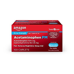 Amazon Basic Care Acetaminophen PM, Pain Reliever Plus Nighttime Sleep Aid, 100 Count