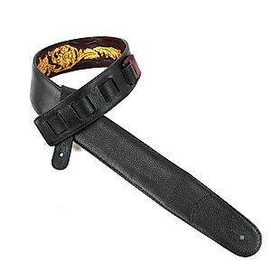 Walker And Williams LHR-37 Handmade Blood Red Premium Carving Leather Guitar Strap With Bright Gold Western Sheridan Carving Pattern And Padded Leather Back For Acoustic, Electric, And Bass Guitars