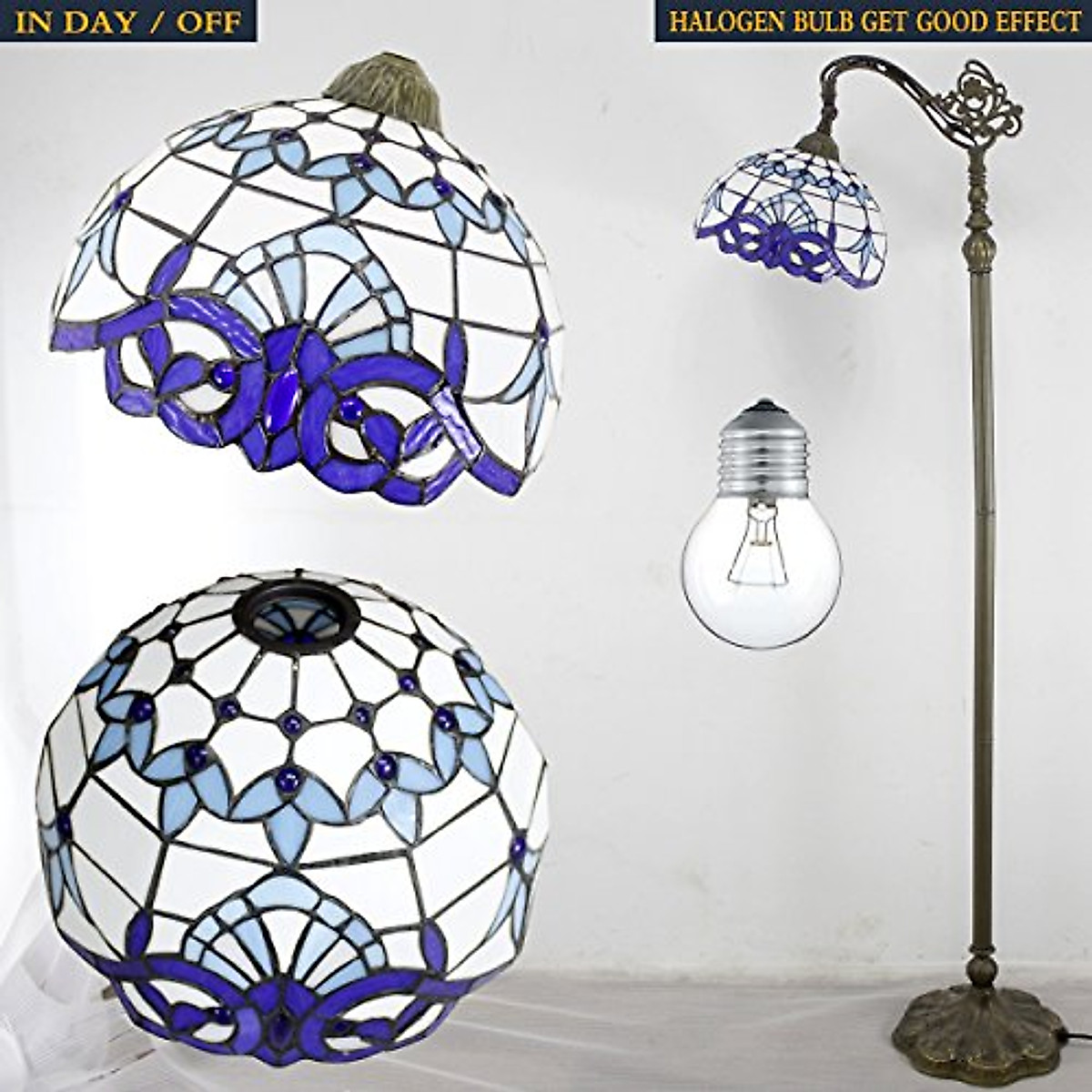 WERFACTORY Tiffany Floor Lamp Navy Blue White Stained Glass Arched Lamp 12X18X64 Inches Gooseneck Adjustable Corner Standing Reading Light Decor Bedroom Living Room S003B Series