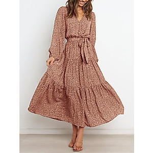 PRETTYGARDEN Women's 2024 Long Sleeve Wrap V Neck Floral Ruffle Tiered Maxi Dress Boho Chiffon Flowy Long Dresses with Belt(Khaki,Medium)