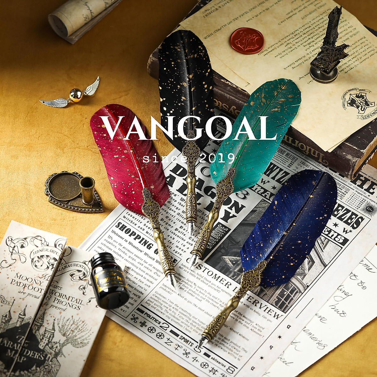 VANGOAL Feather Pen and Ink Set, Glittering Quill Pen Set Antique Calligraphy Dip Pen with Ink, 2 Replacement Nibs, Pen Stand Base, Luxury Vintage Signature Pen (Green)