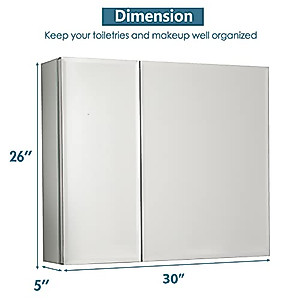 MOVO Double Doors Medicine Cabinet with Mirror, 30 inch X 26 inch Aluminum Bathroom Medicine Cabinet, Adjustable Glass Shelves, Waterproof and Rust-Resist, Recess or Surface Mount