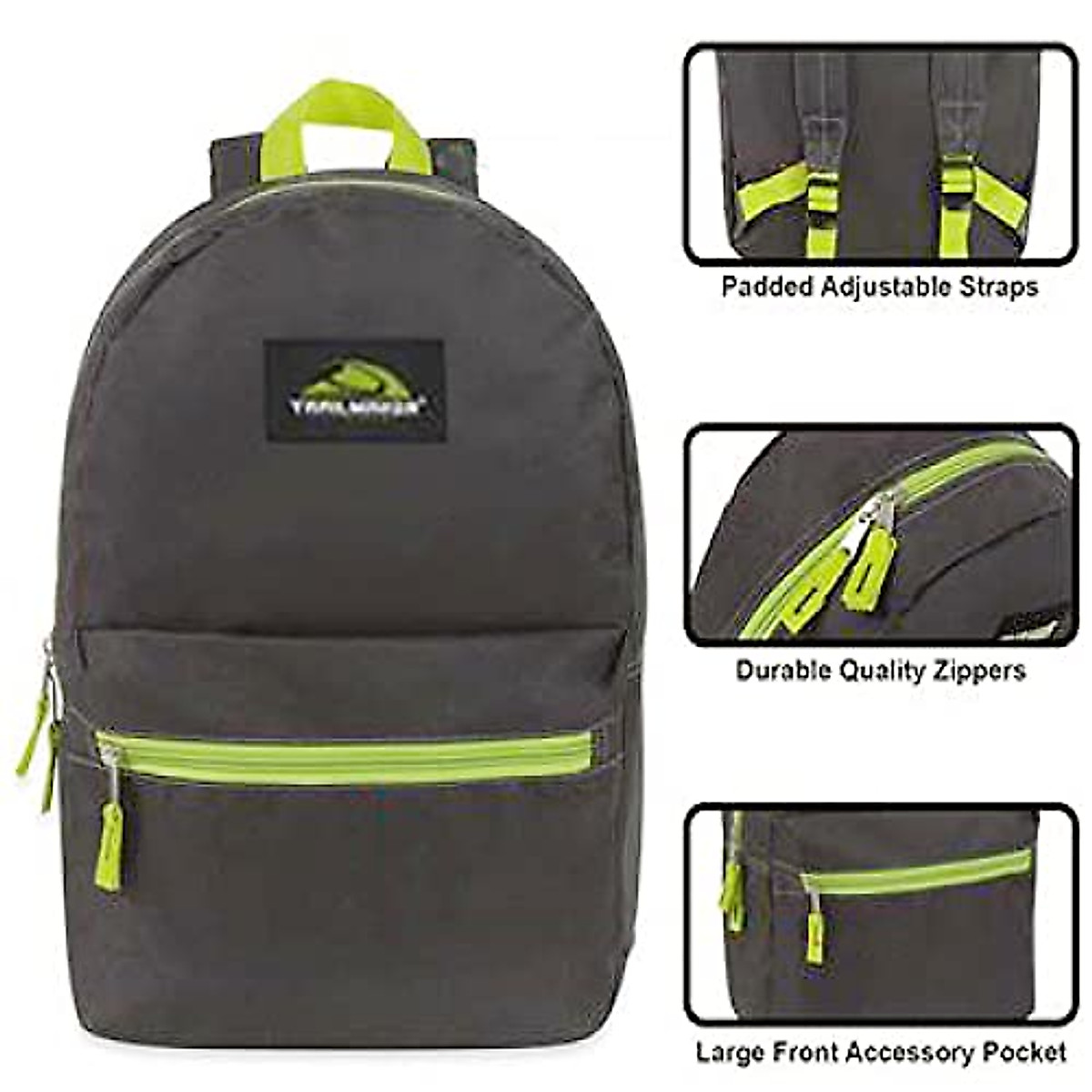 Trail maker Classic 17 Inch Backpack with Adjustable Padded Shoulder Straps (Grey/Green)