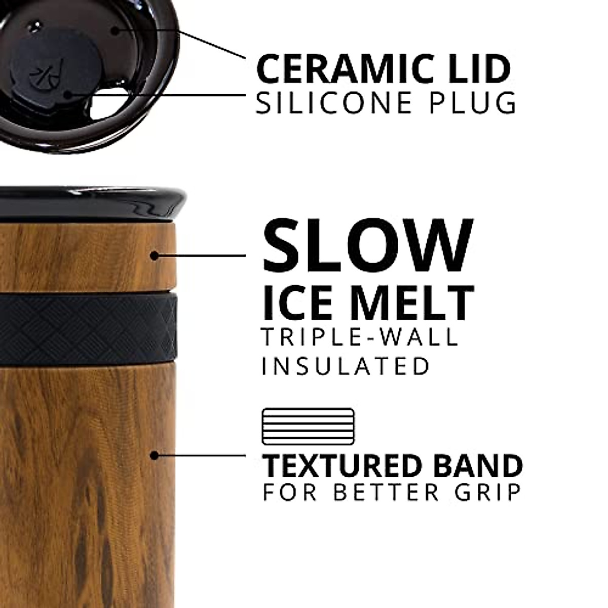 Elemental Artisan Insulated Tumbler, Triple Wall Coffee Travel Mug, Reusable Stainless Steel Coffee Tumbler with Ceramic Lid, Thermal Coffee Cups for Hot (6 Hrs) & Cold (18 Hrs), 12oz - Teak Wood