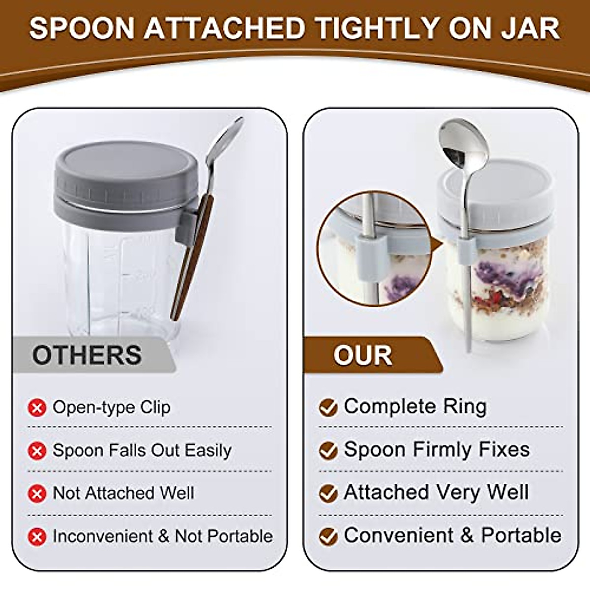 LANDNEOO 2 Pack Overnight Oats Containers with Lids and Spoons, 16 oz Glass Mason Jars for Overnight Oats, Large Capacity Airtight Jars for Milk, Cereal, Fruit (Pink+Grey)