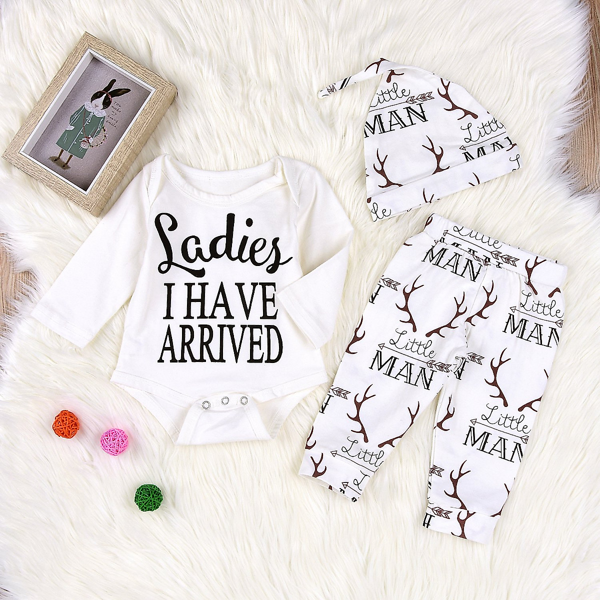 Newborn Suit For Baby Shower Deer Print Long Sleeve Romper+Long Pants+Hat (0-3months, Man),3M