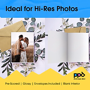 PPD 50 Inkjet Printable Blank Glossy Greeting Card Paper 64lbs 240gsm 10.9mil 8.5x11 Half Fold To 5.5x8.5 Premium Quality Photographic Print Cardstock Instant Dry and Water-Resistant (PPD-51-50)