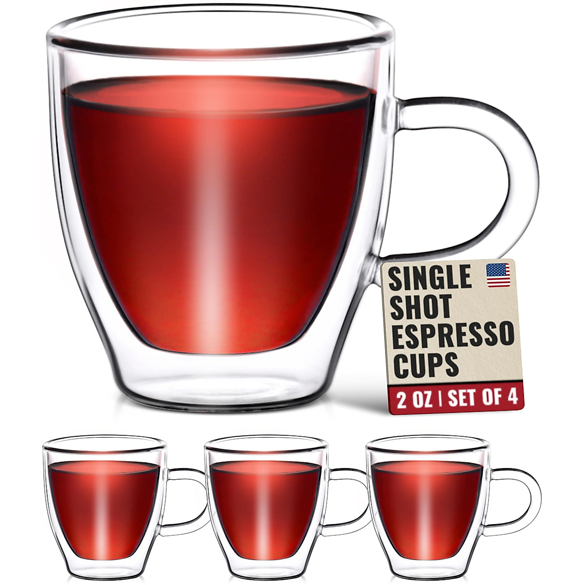 Eparé Glass Espresso Cups - Set of 4 Double Walled Espresso Cups with Handle - 2 oz Single Shot Latte Glasses Cup - Clear Double Insulated Coffee or Cappuccino Mug