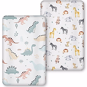 Crib Sheets for Boys and Girls, Baby Crib Sheet Neutral for Standard Crib Mattress & Toddler Bed Mattress, Soft and Safe Jersey Knit Cotton, 2 Pack (Dinosaur&Animal)