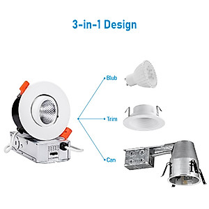 TORCHSTAR 12-Pack 5CCT 3 Inch Gimbal LED Recessed Light, 7W CRI90+ Dimmable Adjustable Eyeball Canless LED Downlight, 2700K/3000K/3500K/4000K/5000K Selectable, Airtight IC, ETL