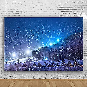 Leowefowa 5X3FT Christmas Backdrop Rustic Village Night View Forest Trees Snowing Shining Lights Blue Sky Winter Xmas Vinyl Photography Background Kids Children Newborn Photo Studio Props