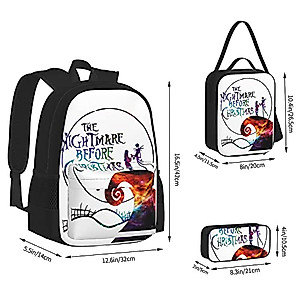 halloween nightmare 3 Piece Backpack Set Cartoon Backpack with Lunch Box Pencil Case for girls teens Women Men Durable Laptop Bag school backpack Wear Resistant christmas Hiking Camping Daypack C 99