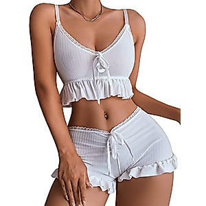 SweatyRocks Women's 2 Piece Lingerie Set Ruffle Trim Tie Front Cami Top and Shorts Sleepwear White S