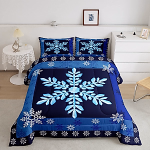 Castle Fairy Snowflake Art Comforter Set Queen Size,Geometric Snowflake Bedding Set for Kids Boys Girls Bedroom Decoration,Navy and Blue Bed Duvet Insert,Winter Theme Comforter with 2 Pillowcase