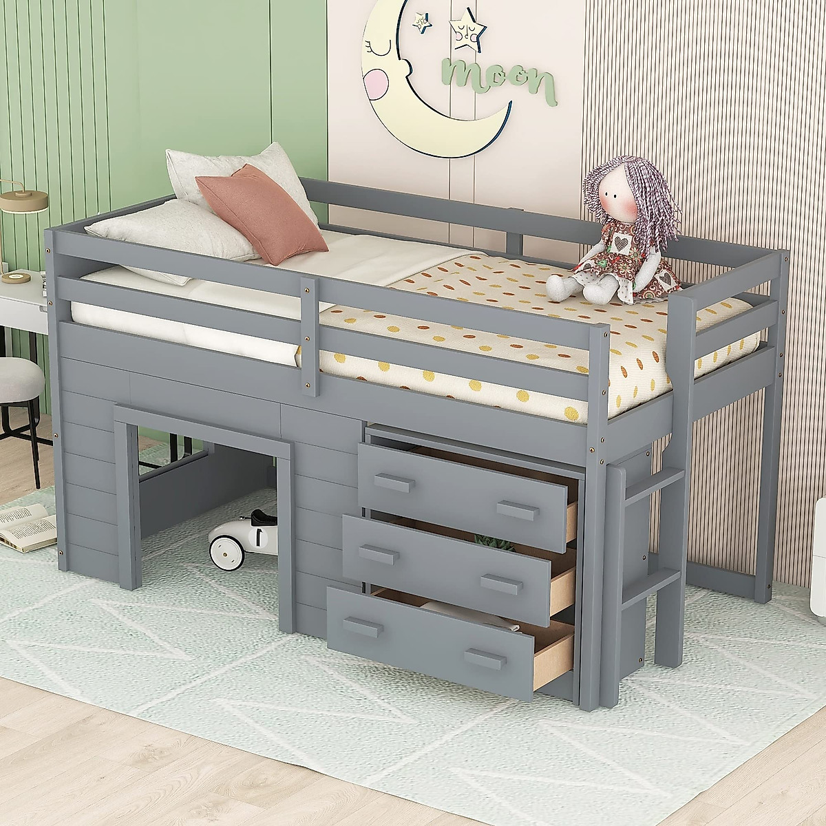 CITYLIGHT Low Loft Bed with Storage,Wood Twin Size Loft Bed with Cabinet and Shelf,Kids Loft Bed Frame for Girls Boys,Grey