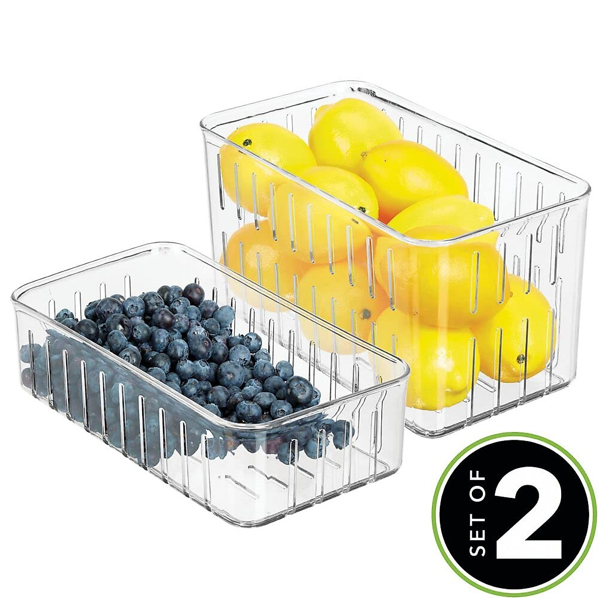 mDesign Plastic Kitchen Refrigerator Produce Storage Organizer Bin with Open Vents for Air Circulation - Food Container for Fruit, Vegetables, Lettuce, Cheese, Fresh Herbs, Snacks - Set of 2 - Clear