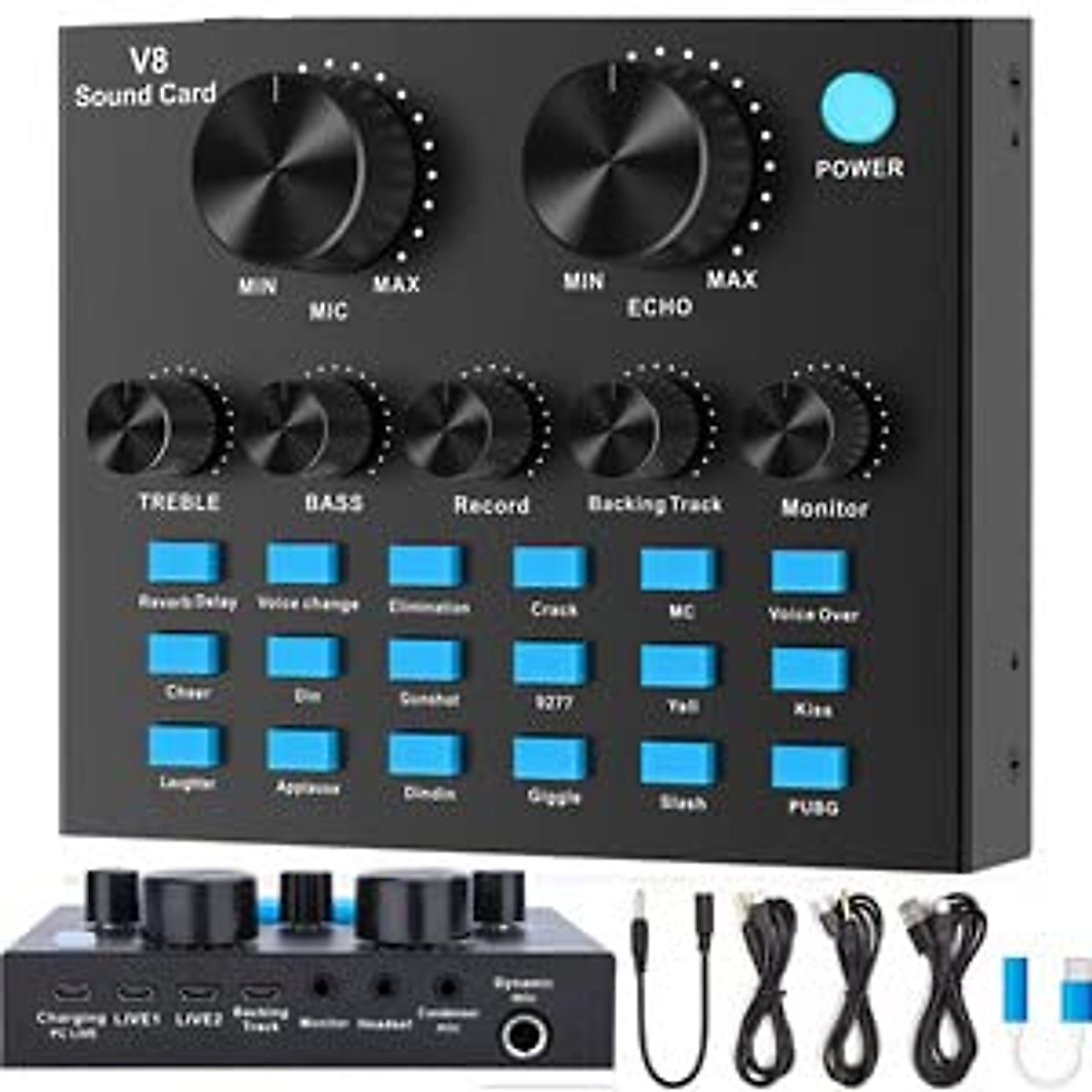 Ouying V8 Live Sound Card Voice Changer, Multiple Funny Sound Effects, Audio Mixer for Phone iPad Computer Game Mic Recording YouTube LiveMe Facebook Voice Chatting Black