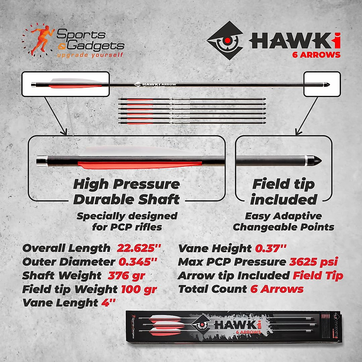 Hawki Carbon Arrow PCP 376gr 6 Pack Arrows Bolts with 100 gr Field Tip, Extra Precision for Hunting PCP Air Guns or Crossbows with Free 6 Pack Arrow Tail Nock
