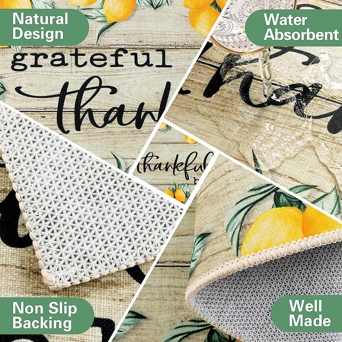Asrug 2 Pieces Kitchen Rug Set Non-Slip Backing Mat Natural Design Throw Rug for Kitchen Doormat Runner Rug Set, Lemon Design, 17"x48"+17"x24"