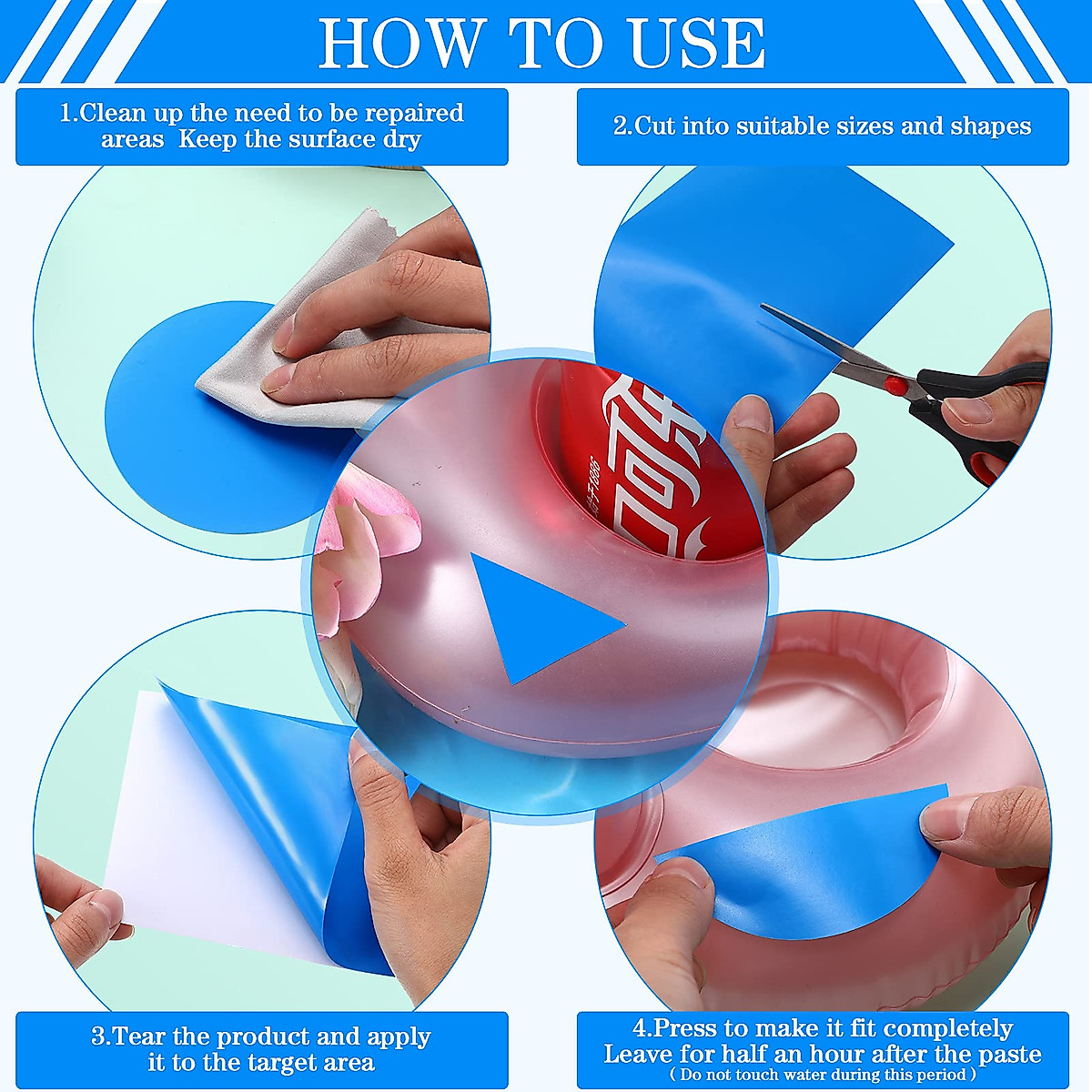 WILLBOND 4 Pcs 23 x 5 Inch Vinyl Pool Repair Patch Kit Large Self-Adhesive PVC Pool Patch Repair Kit Cut-to-Size Inflatable Pool Patches with Scissors for Swimming Pools Inflatable Boat Products(Blue)