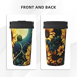 GTKSYNVE Reusable Coffee Mug with Lid and Handle, Moonlight Sunflower Pattern Tumbler for Hot & Cold Drinks 16oz Stainless Steel Insulated Coffee Tumblers Double Wall Vacuum Thermal Cup