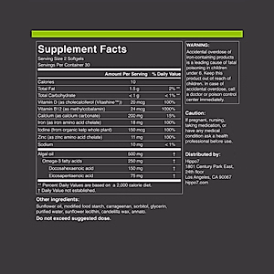 Hippo7 Vegan Complete Multivitamin Vitamin B12, Vitamin D, Omega-3 DHA+EPA, Calcium, Iodine, Zinc & Iron. (1 Bottle, 60 Softgels)