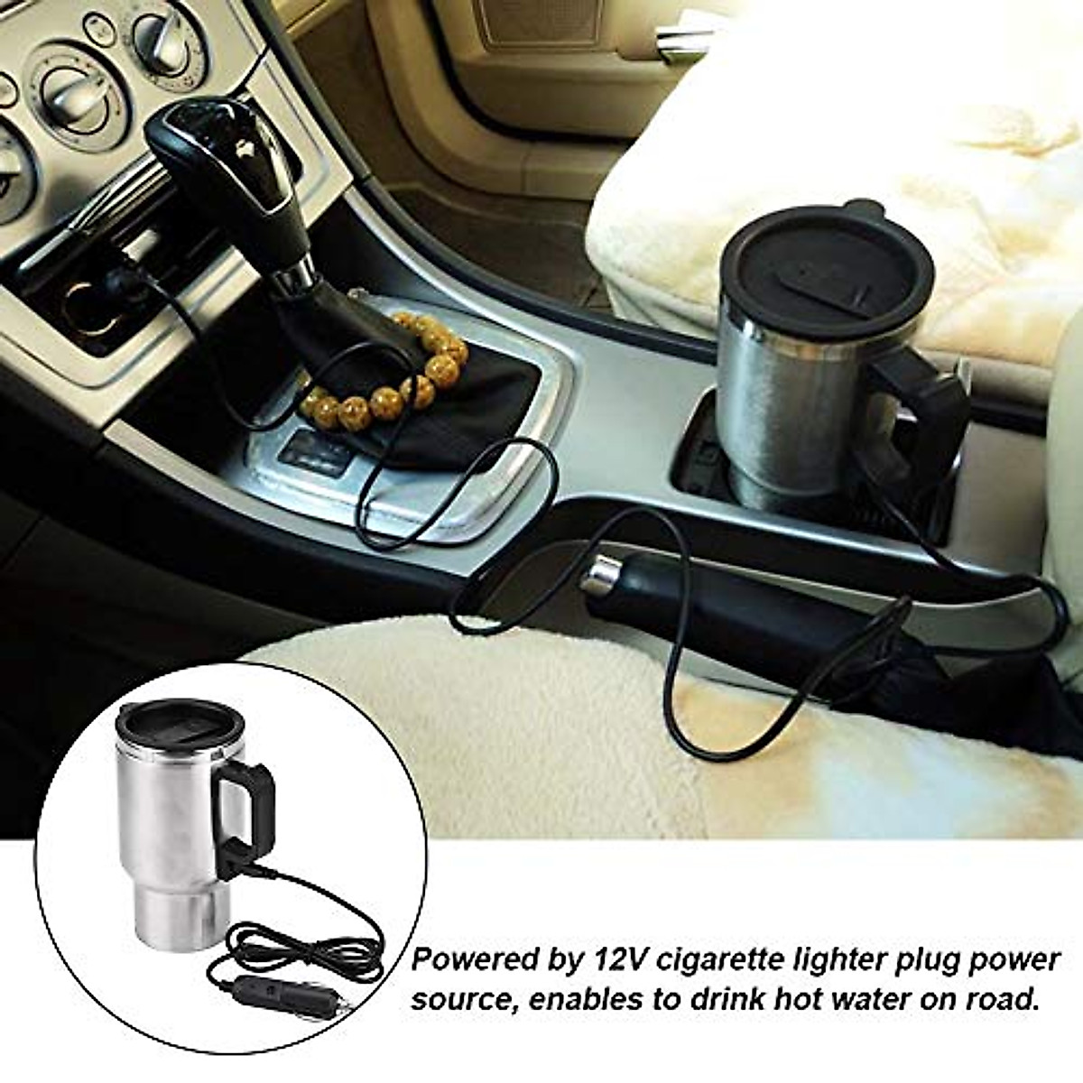 12V 450ml Electric Car Cup Travel Heating Cup,Stainless Steel Electric Insulated Plug Kettles Boiling Car Coffee Mug Heater with Cigarette Lighter,